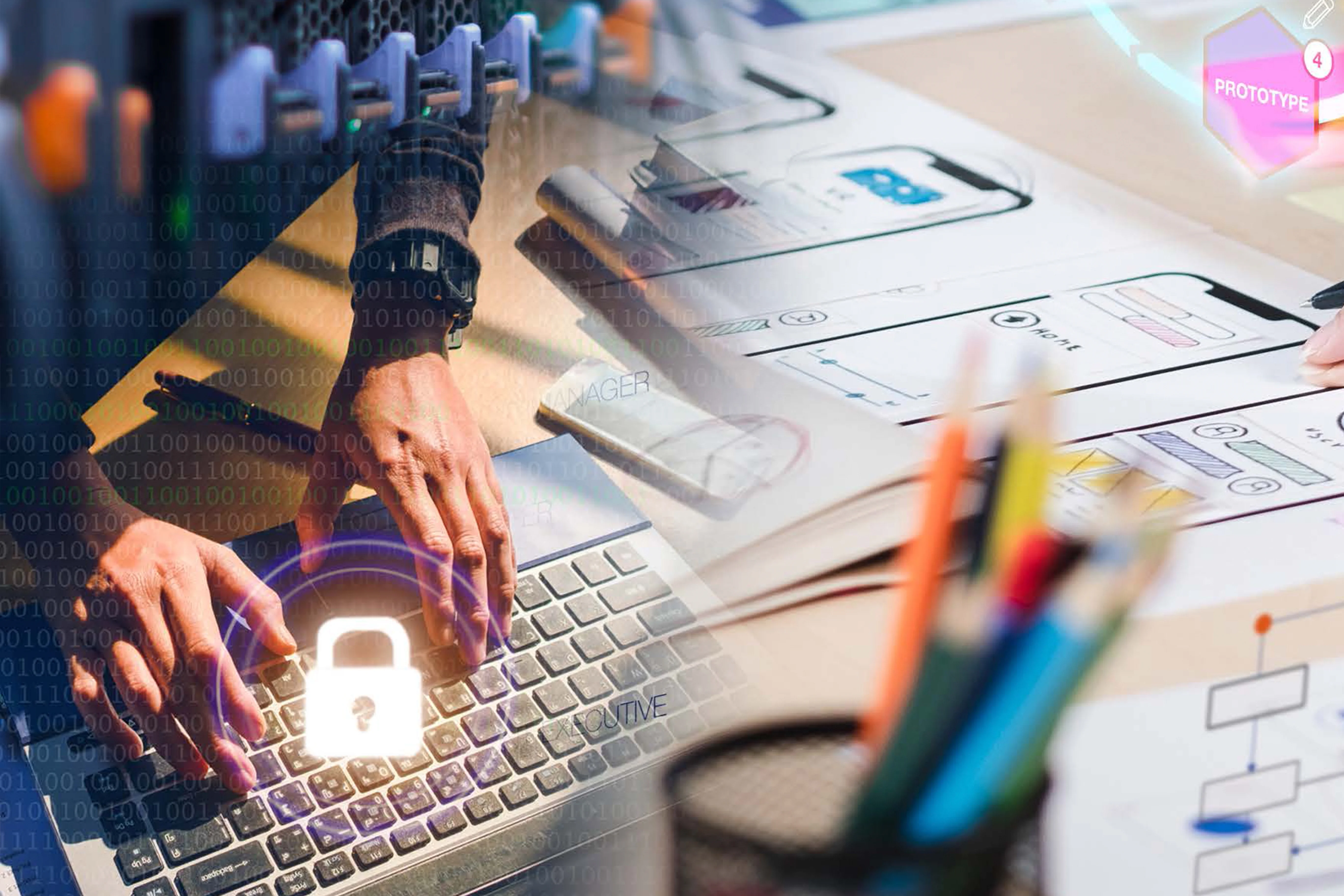 Collage of images showing computer servers and keyboard with innovation ...
